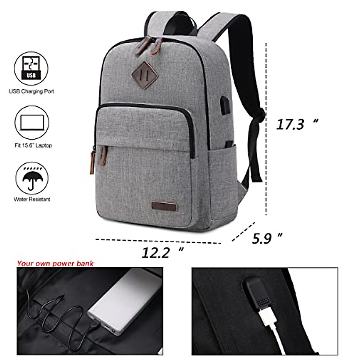 KYALOU Laptop Backpack, Lightweight Bookbag Casual Daypack for Men and Woomen, College with USB Charging Port - Gray
