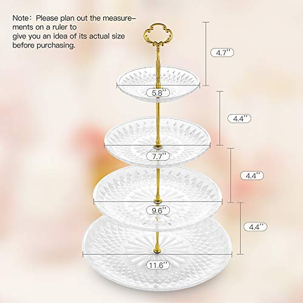 NWK 3/4-Tier Cupcake Stand with Crystal-Clear Plastic Plates and Metal Struts Dessert Stable Tower Display Rack Serving Tray for Wedding Birthday Bridal Shower Autumn NYE Tea Party (Gold)