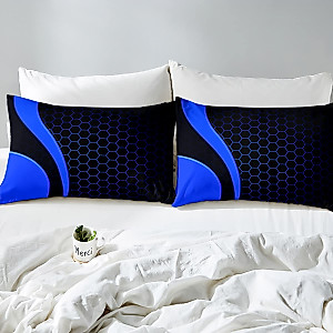 Geometry Bedding Set Geometry Honeycomb Comforter Cover for Kids Boys Girls Teens Hexagonal Geometrical Blue Black Duvet Cover Breathable Beehive Bedspread Cover Room Decor Quilt Cover Queen Size