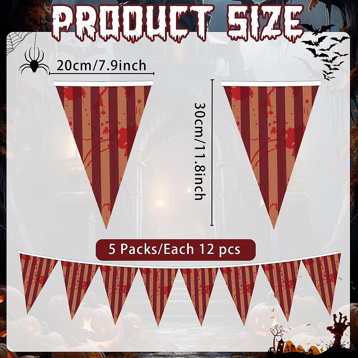 Lonfliness 5 Packs Circus Decorations Halloween Pennant Banner Creepy Carnival Decorations Fabric Red And White Striped Triangle Flag Scary Bloody Bunting Garland for Evil Circus Birthday Supplies