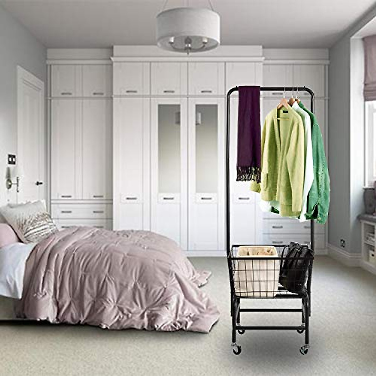 Rolling Laundry Hamper Basket Cart with Wire Storage Rack and Hanging Rack Black