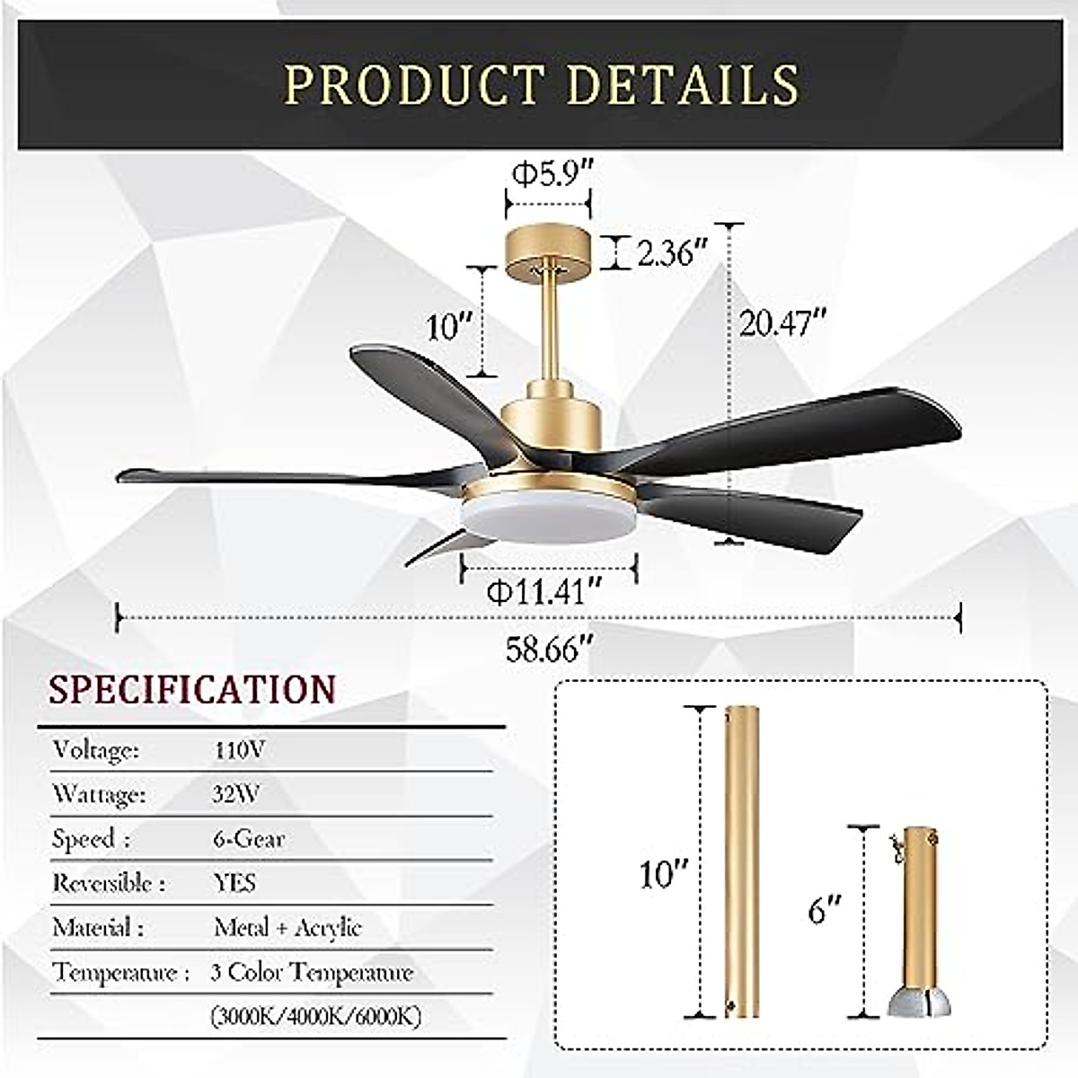 Ceiling Fan with Light 60 Inches Black and Gold, Modern Ceiling Fan with Remote Control, Flush Mount Large Ceiling Fan with LED Lights 5 Blades 6 Speed Reversible DC Motor for Bedroom Dining Room