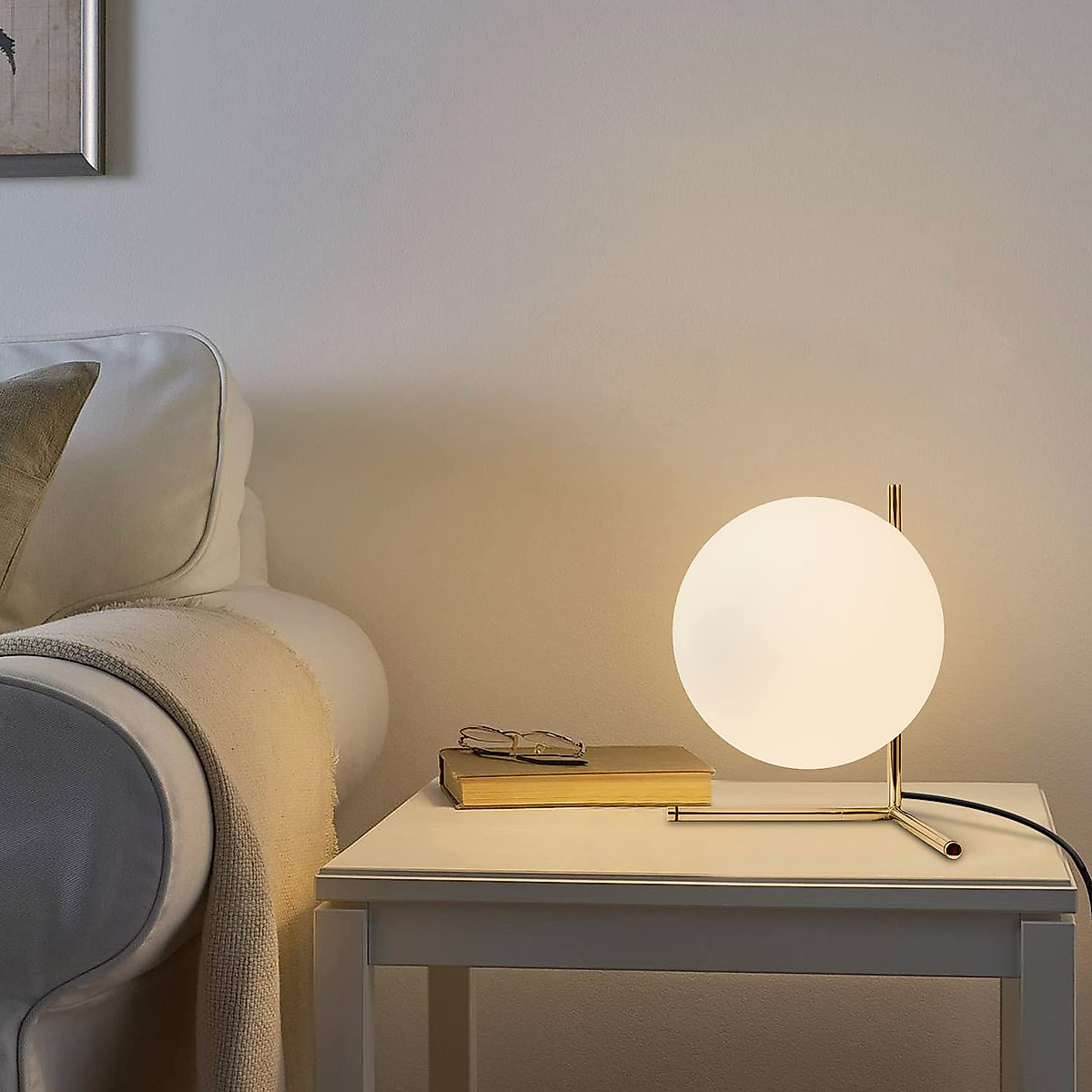 BOKT Mid Century Modern Brass Table Lamp Contemporary Gold Glass Globe Desk Lamp Vintage Bedroom Bedside Reading Lamp Golden Metal Nightstand Lamp for Office Study Room