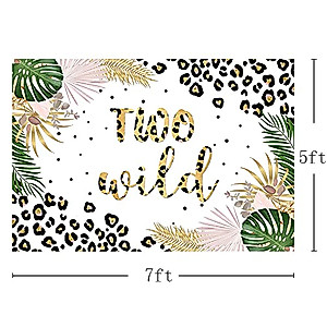 MEHOFOND Two Wild Backdrop for Girls Leopard Pink Jungle Safari Theme 2nd Birthday Party Decoration Background Tropical Leaves Leopard Print Cake Table Banner Supplies 7x5ft
