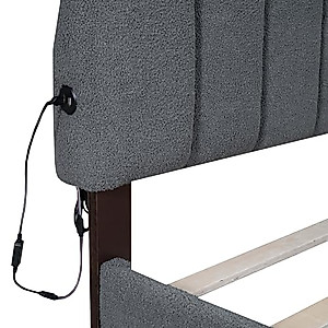 HAUSHECK Upholstered Bed Frame Queen Size with Teddy Fleece Headboard, Big Drawer, Smart LED Lights and 2 USB Ports, Modern Queen Platform Bed Frame w/Wooden Slats Support, No Box Spring Needed