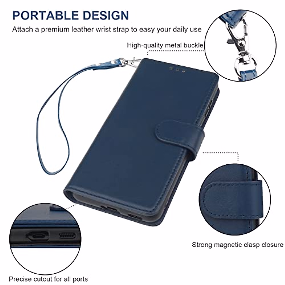 ONETOP for Samsung Galaxy S21 Ultra Wallet Case with Card Holder, Genuine Leather RFID Blocking Kickstand Wireless Charging Compatible, Long Magnetic Clasp Folio Cover with Wrist Strap 6.8 Inch Blue