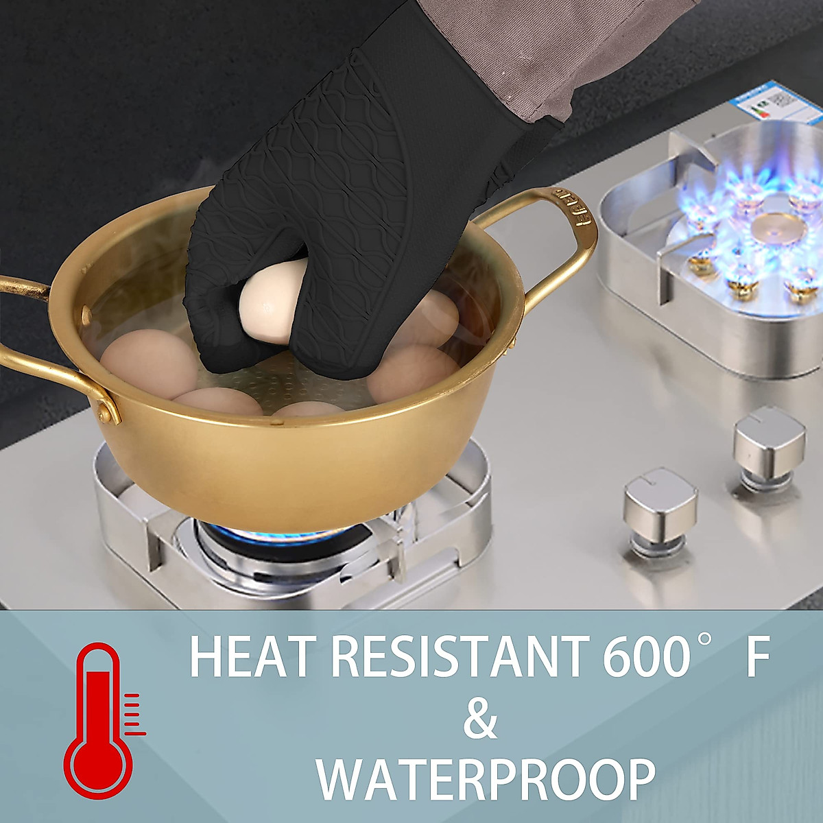 Silicone Oven Mitts Heat Resistant, Oven Mitts and Pot Holders Sets, Kitchen Mittens 5 Piece Set, Oven Gloves for Cooking,Baking,BBQ, Black Oven Mitts, Easy Clean