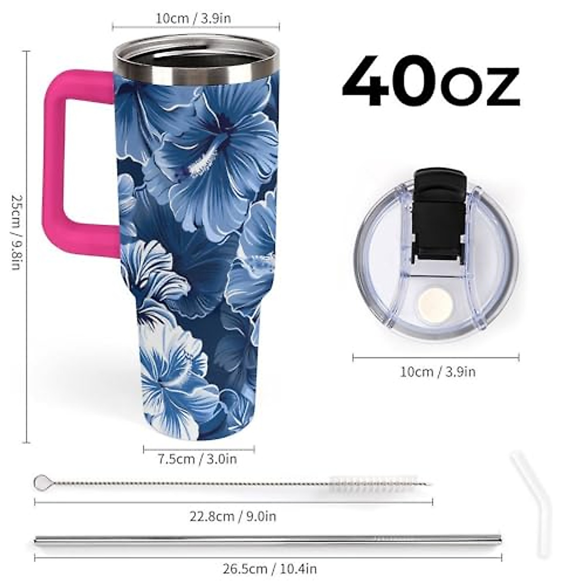 Blue Hawaiian Hibiscus Floral Insulated Tumbler with Lid And Straw Stainless Steel Travel Coffee Mug 40oz Light Rose Red-style