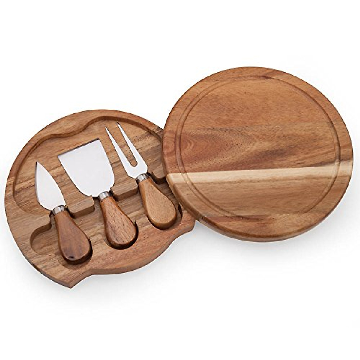 ILEAF Round Slide-Out Acacia Wood Cheese Board and 3 Piece Cheese Tool Set, 7.5 inch Diameter