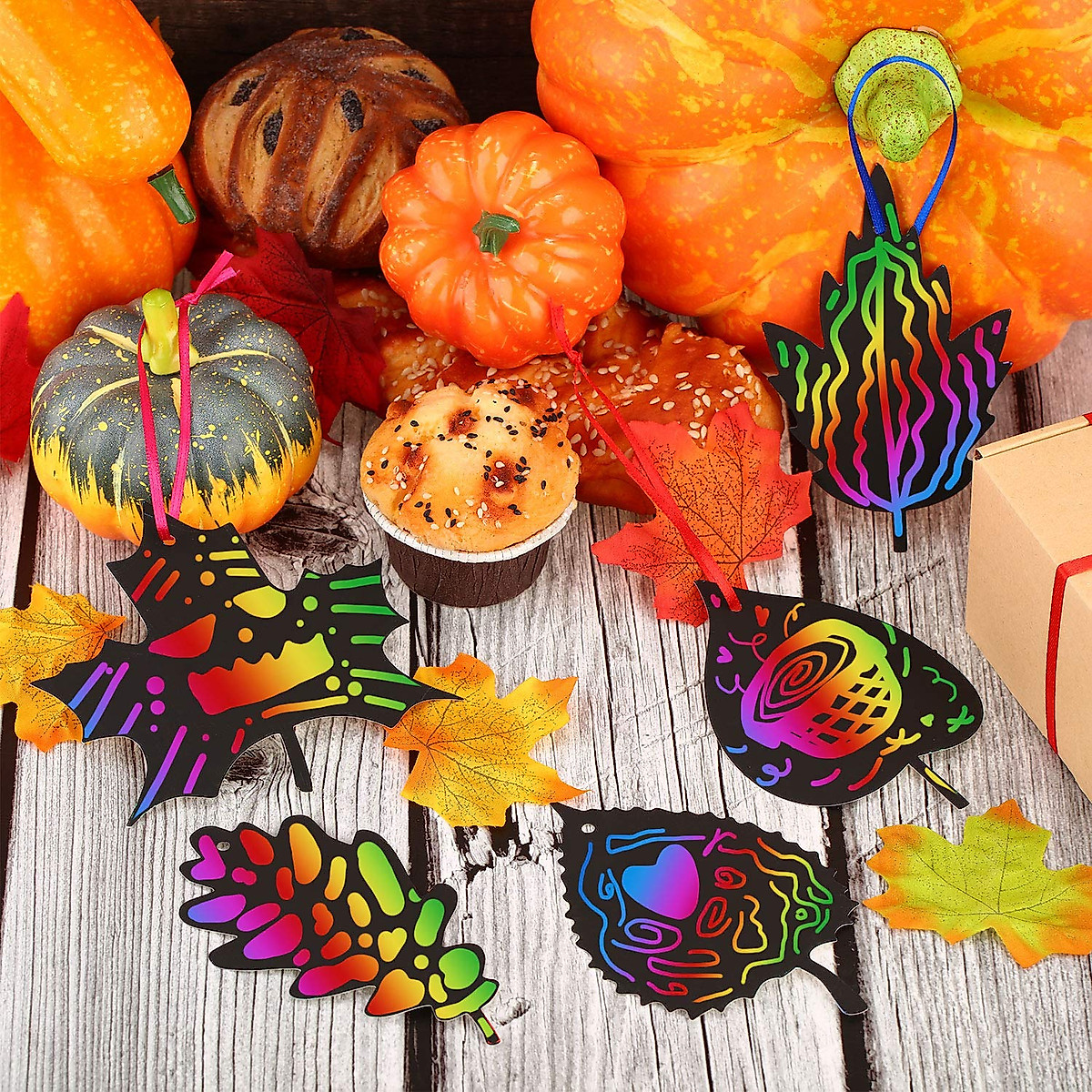 50 Pieces Scratch Fall Leaves Colorful Scratch Leaves Scratch Rainbow Art Paper with Ribbons and Wooden Stylus for Thanksgiving Harvest Party (Black)
