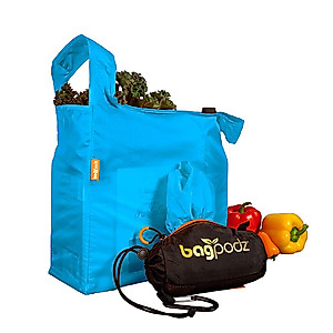 BagPodz Reusable Shopping Bags Inside a Compact Pod with Carry Clip RipStop Nylon Holds 50lbs Very Sturdy, 5 Pack in Blue