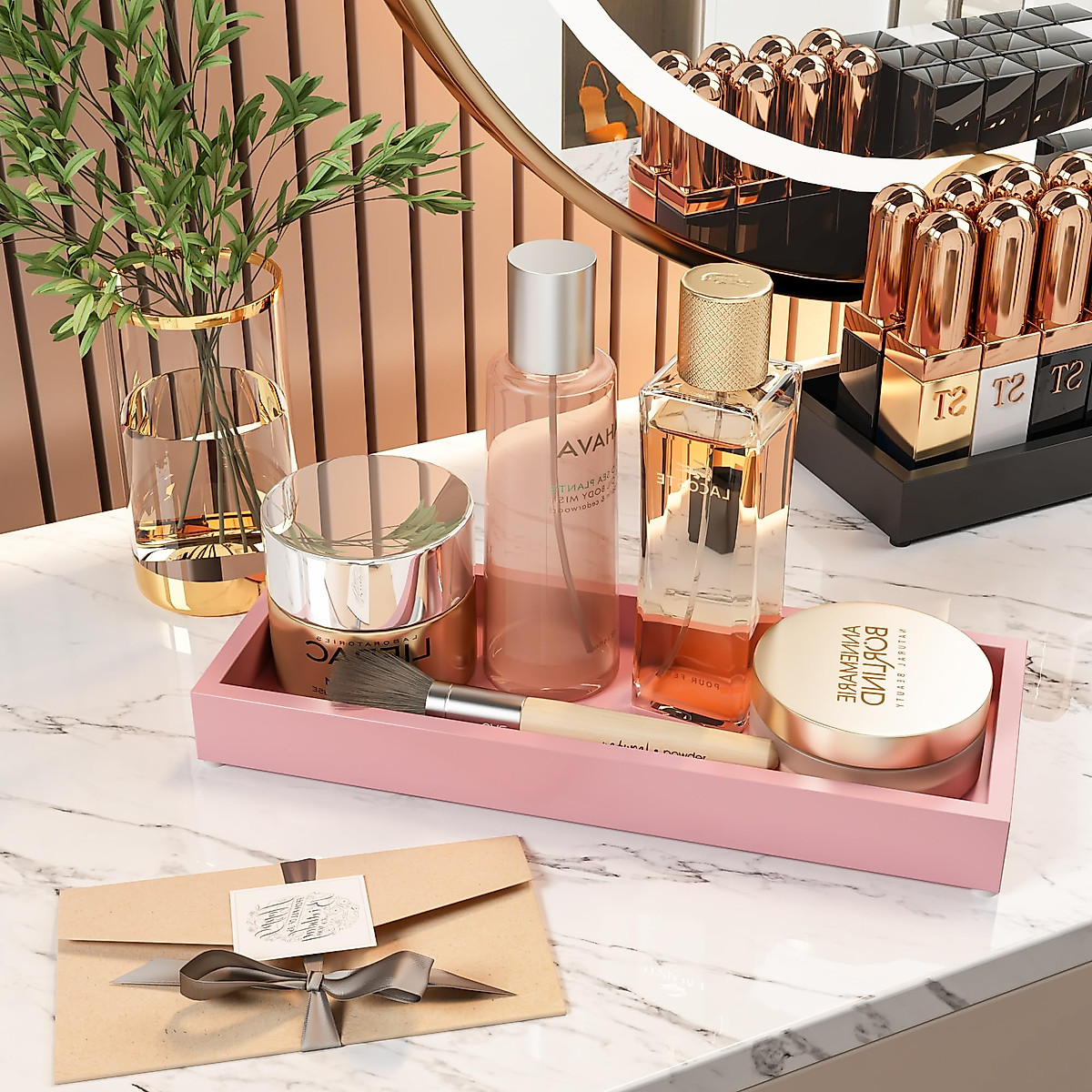 Bathroom Perfume Tray for Candle Trinket, Decor Vanity Trays for Countertop Nightstand Toilet Tank Counter Dresser Bedroom, Decorative Wooden Rectangle Holder for Skincare Cosmetic Accessory, Pink