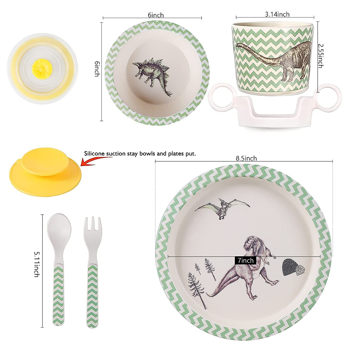 Greentainer 5 PC Kids Toddler Dinnerware Sets Bamboo Toddlers Dishes Set Kids Feeding Plates and Bowls Sets with Sunction and Utensil Flatware Durable & BPA Free