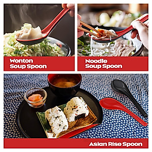 Hushee 100 Pcs Asian Chinese Soup Spoons 6.3 Inches Japanese Korean Soup Spoons Miso Soup Spoons Red and Black Spoons Bulk with Hook for Melamine Soba Wonton Rice Pho Ramen Noodle Soups Dumpling