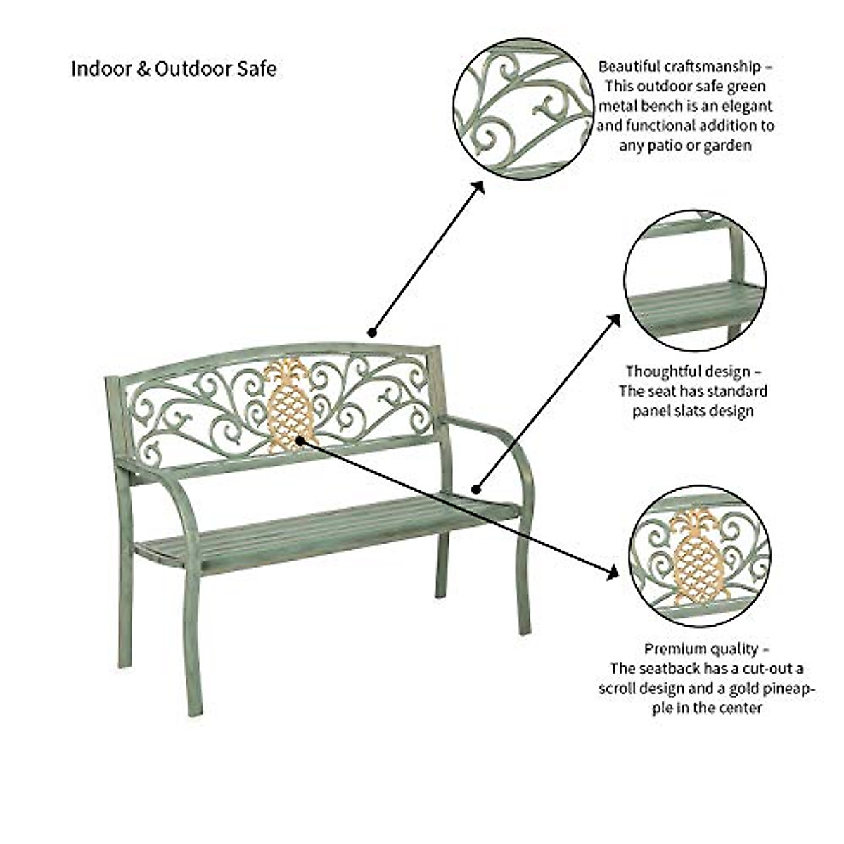 Plow & Hearth Weatherproof Pineapple Outdoor Bench | Holds Up to 300 lbs | Garden Patio Porch Park Deck | Metal | Green