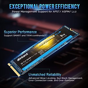 INLAND 8TB Performance Plus NVMe Internal Gaming SSD Solid State Drive - Gen4 PCIe, M.2 2280, DRAM Cache, 176-Layer TLC 3D NAND Flash, Up to 7000MB/s