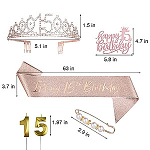 15th Birthday Decorations for Girls，Rose Gold 15 Birthday Crown Tiara ，Cake Topper, Birthday Sash with Peal Pin and Birthday Candles Kit,15th Birthday Gifts for Girls