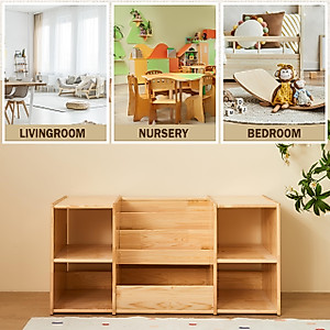 F3C | Montessori Bookshelf and Toy Storage | 3-Section Kids Bookshelf for Organizing Books | 2-Shelf Toy Organizers and Storage Cabinet | Natural Wood Bookcase with Storage | Kids Organizer