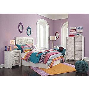 Signature Design by Ashley Paxberry Boho 5 Drawer Dressing Chest with Slider Door & 3 Adjustable Shelves, Whitewash