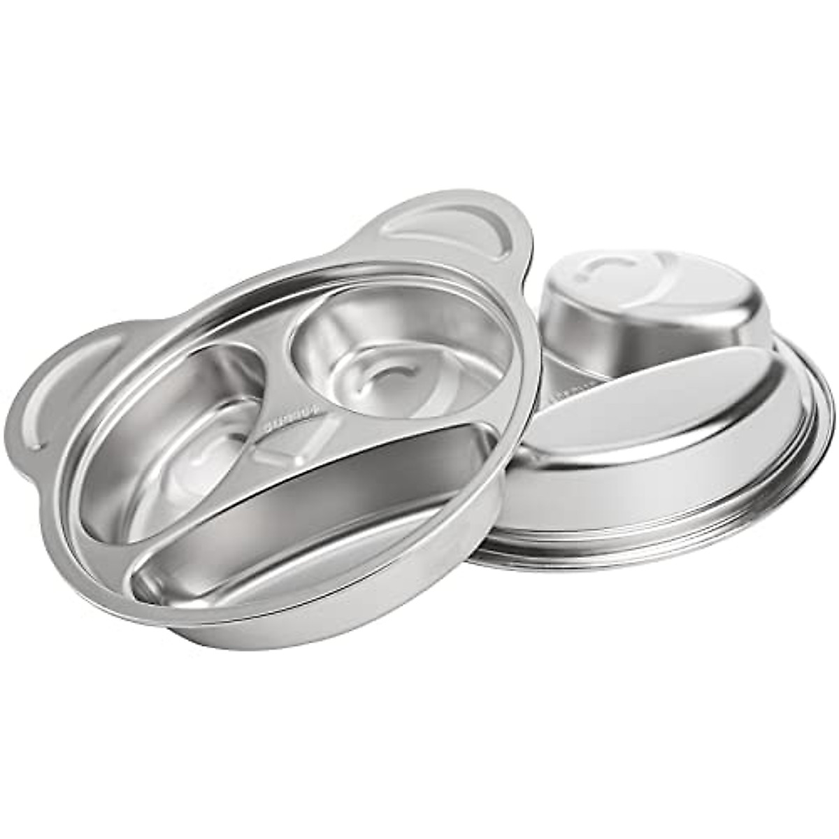 Lyellfe Set of 4 Stainless Steel Divided Plates, 3 Sections Unbreakable Dinner Plates, Cute Panda Shape Divided Plates for Picky Eaters, Lunch, Camping