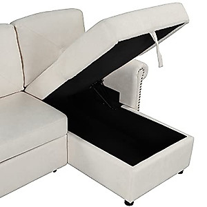 FANYE Convertible Sectional Sofa with Pull Out Sleeper Couch Bed and Reversible Storage Chaise, L-Shaped 3 Seater Corner Sofa&Couch W/Tufted Back for Home Office Apartment Living Room, Beige 83"