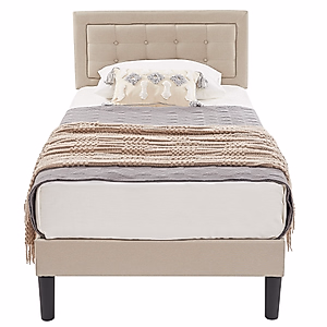 VECELO Twin Size Upholstered Bed Frame with Height Adjustable Fabric Headboard, Heavy-Duty Platform Bedframe/Mattress Foundation/Strong Wood Slat Support/No Box Spring Needed, BGE