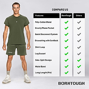 Born Tough 9 Inch Inseam Men’s Gym Workout Shorts, Athletic Bodybuilding Shorts for Men with Zipper Pockets & Waist Loop (as1, alpha, l, regular, regular, Military Green)
