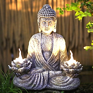 NC Buddha Statue Zen Sculpture, Yoga Garden Decor with LED Solar Flowers Lights, Sitting Meditating Buddha Serene Decorative Figurinefor Patio Yard Lawn Ornaments, Backyard,Inside or Outside