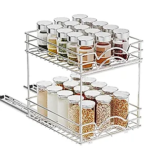 FANHAO Pull Out Spice Rack Organizer for Cabinet, Heavy Duty Slide Out Seasoning Kitchen Organizer, 2 Tier Cabinet Organizer Under Sink Organizers, 8.7" W x10.3 D x10.8 H, Chrome