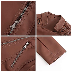 chouyatou Women's String Quilted Shoulder Oblique Zip Moto Pu Leather Biker Jacket (Small, Coffee)