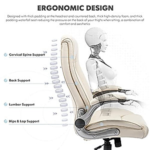 COLAMY Office Chair-Ergonomic Computer Desk Chair with Thick Seat for Comfort, High Back Executive Chair with Padded Flip-up Arms, Stylish Leather Chair with Upgraded Caster for Swivel (Ivory, 300lbs)