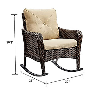 Rilyson Rocking Chair Outdoor，Patio Wicker Rocker Chair Porch Lawn Rocking Chair Deep Seating with Cushion (Brown/Beige)