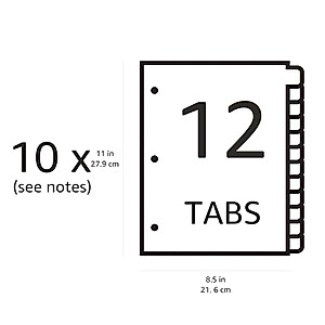 Amazon Basics 12 Tab Monthly Dividers for 3 Ring Binder, Customizable Table of Contents Page, Multicolor, 10-Pack