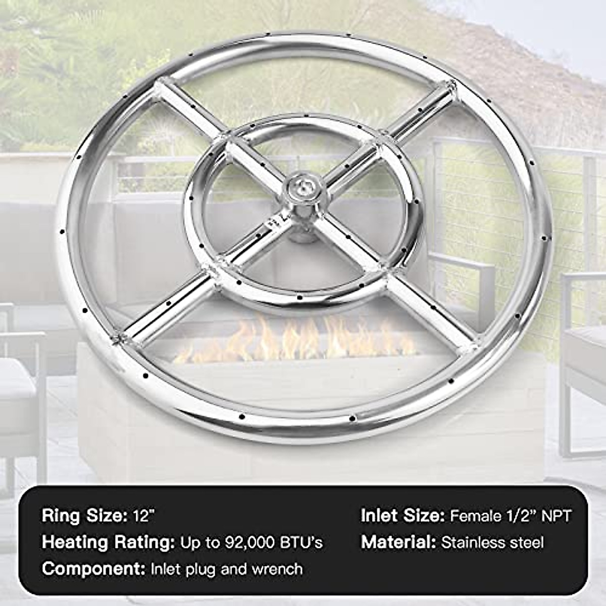 EXCELFU LP Propane Gas Fire Pit Stainless Steel Burner Ring Installation Kit, 12 inch