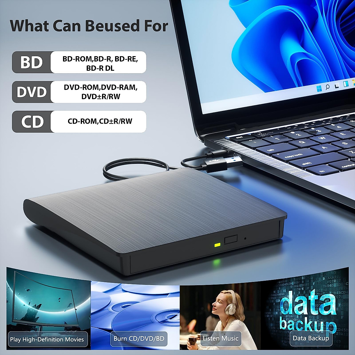 Yaeonku External CD DVD Drive, USB 3.0 Portable CD DVD +/-RW Optical Drive, DVD/CD ROM Rewriter Burner, Compatible with Laptop Desktop PC Windows Linux OS Mac