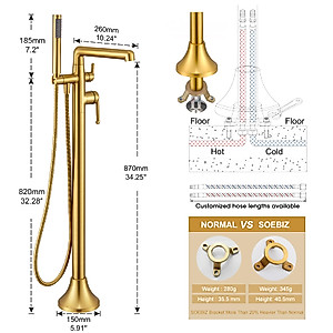 SOEBIZ Free Standing Tub Faucet, Brass Freestanding Bathtub Faucets Floor Mounted Brushed Gold Tub Filler with Swivel Spout and Hand Shower, Flow Max 6.5 GPM@60PSI