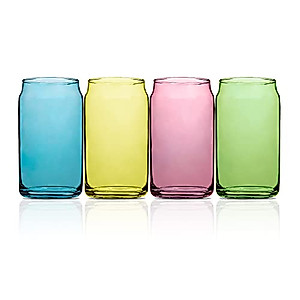 Amzcku Colored Drinking Glasses, 16 oz Can Glass, Cute Iced Coffee Cup Tumblers, Soda, Tea, Beer, Water, Cold Drink Glassware, Cocktail Glass, Set of 4