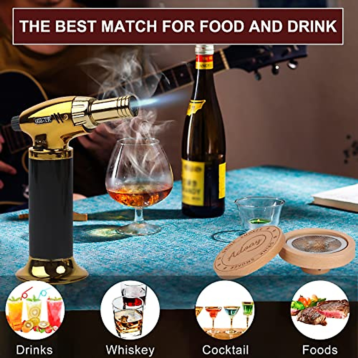 Adoay Cocktail Smoker Kit, Drink Smoker Gifts for Men w/4 Wood Chips/Torch/Whiskey Stones, Old Fashioned Smoker Kit Smoker Accessories for Whisky Smoker Bar Set Birthday Gifts