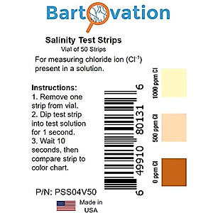 Salinity Test Strips, 0-1000 ppm [Vial of 50 Strips] for Chloride Based Salt Solutions