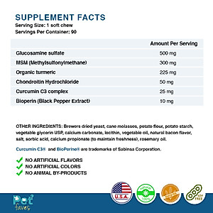 Natural Dog Hip & Joint Supplement for Dogs Arthritis Pain Relief. Turmeric Curcumin with Black Pepper for Anti Inflammatory. Tumeric MSM Glucosamine Chondroitin for Dogs Healthy Joints - 90 Chews