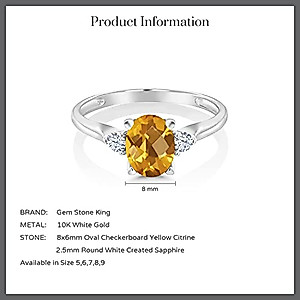 Gem Stone King 10K White Gold Citrine and White Created Sapphire 3-Stone Women's Ring (1.35 Cttw, Checkerboard Cut, Gemstone Birthstone, Available In Size 5, 6, 7, 8, 9)