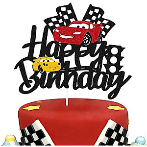 Car Cake Topper Race Car Cake Decorations for Racing Car Checkered Flag Themed Kids Boy Girl Happy Birthday Party Supplies Double Sided