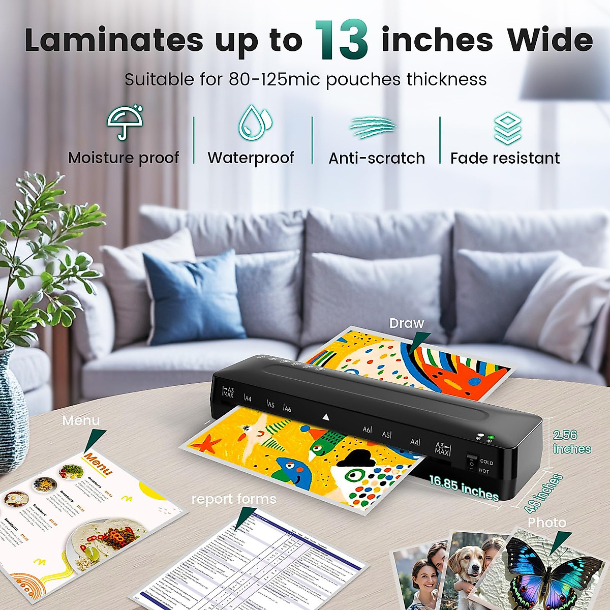 Laminator Machine A3 Laminating Machine - 13 Inches Cold and Thermal Laminator with 30 Laminating Sheets, 5-in-1 Lamination Machine with Paper Trimmer and Corner Rounder for Home Office School Use