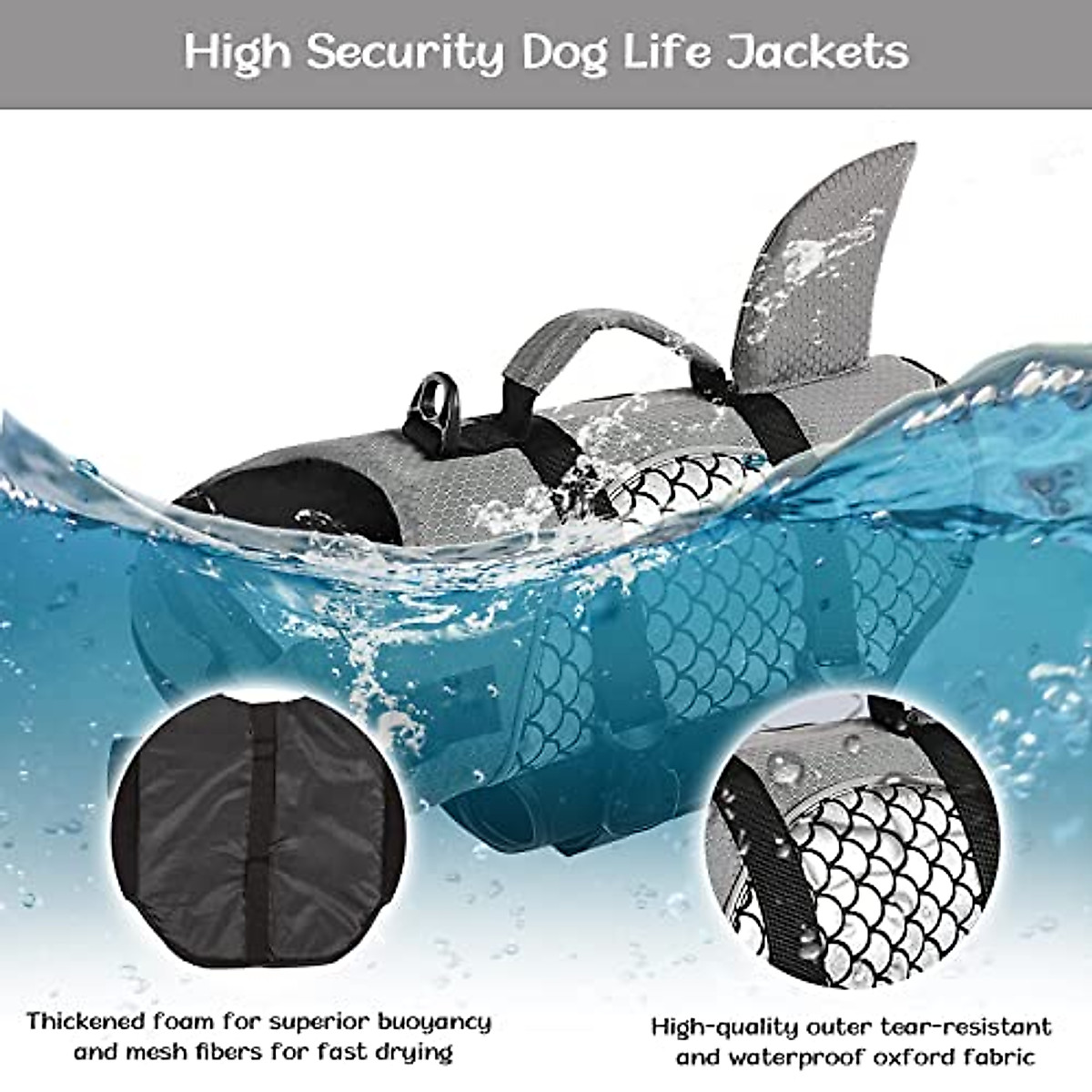 HiPeep Ripstop Dog Life Jacket Adjustable Dog Life Vest Safety Lifesaver Puppy Life Preserver Superior Buoyancy Swimming Boating Rescue Handle Shark Design for Small Medium Large Dogs（Silver,L）