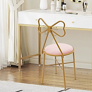 Pink Butterfly Dressing Chair Makeup Chair, Velvet Cushion Deep Gold Metal Frame Chair Lounge Dresser Chair with Bow Backrest and Velvet Cushion Used for Bedroom Home Garden Living Room(Light Pink)