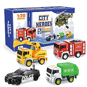 5 Pack Friction Powered Truck Toy Set(8 Inch) Including Garbage Truck, Construction Truck, Fire Truck, Police Car, Helicopter, All with 4D Stunning Light and Sound, Vehicles Toys for Boy Toddler Kid