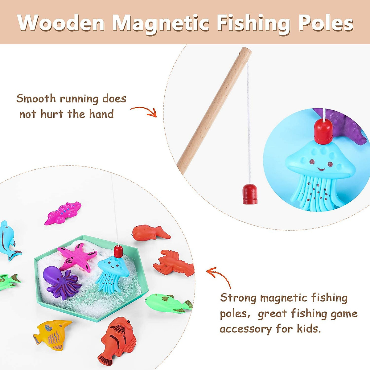 Sumind 4 Pieces Wooden Magnetic Fishing Poles Magnet Poles Fishing Rod for Wooden Magnetic Fishing Game for Kindergarten Preschool Girl Boy