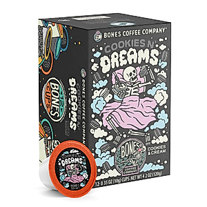 Bones Coffee Company Flavored Coffee Bones Cups Cookies 'N Dreams | 12ct Single-Serve Coffee Pods Compatible With 1.0 & 2.0 Keurig Coffee Maker | Chocolate Cookie & Vanilla Ice Cream Coffee Flavor