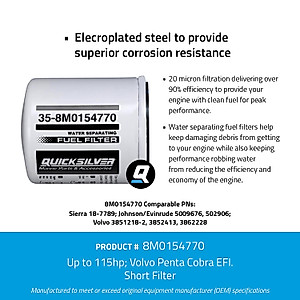Quicksilver 8M0154770 Water Separating Fuel Filter for Select Volvo Penta, Cobra EFI, Johnson/Evinrude 100-300 Hp Outboards
