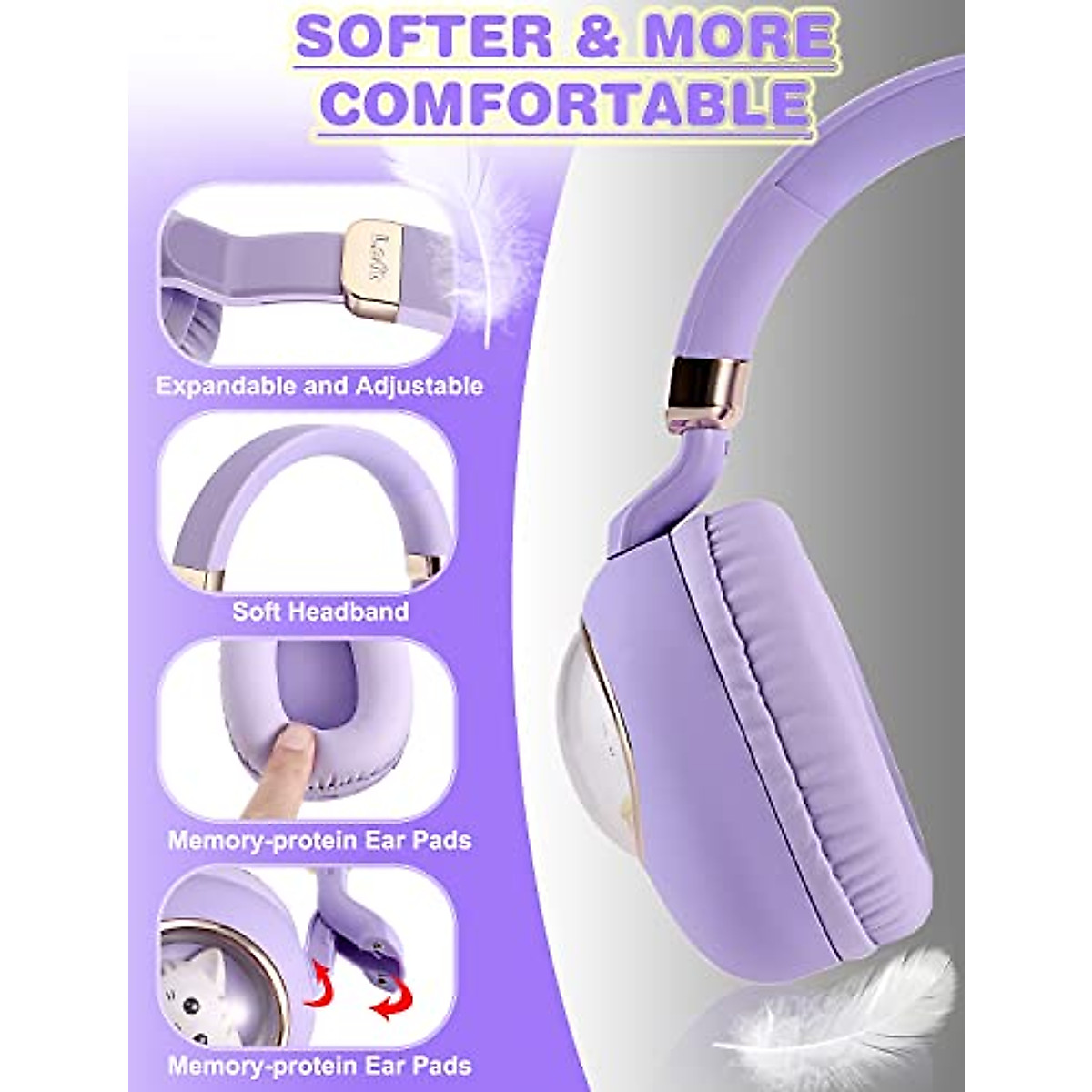 Usoun Kids Wireless Headphones, Bluetooth Over Ear Headphones with Cute Cat Colorful LED Lights,Wireless&Wired,Foldable,Build-in Mic,Bluetooth Headphones for Kids Girls Teens Adults,School (Purple)